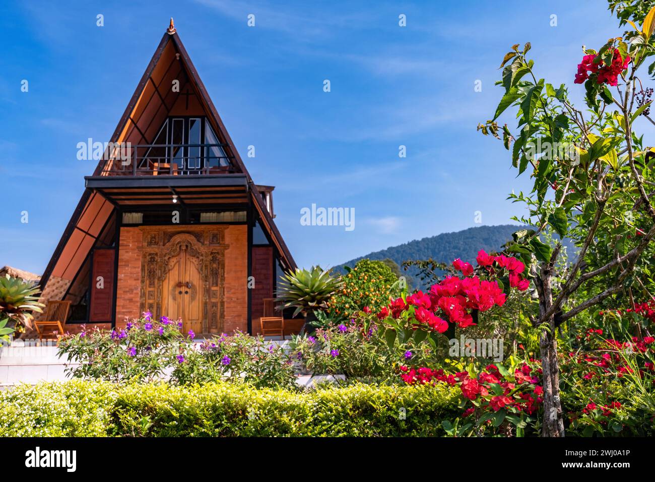 Blooming tropical garden with a hut against a blue sky with clouds ...