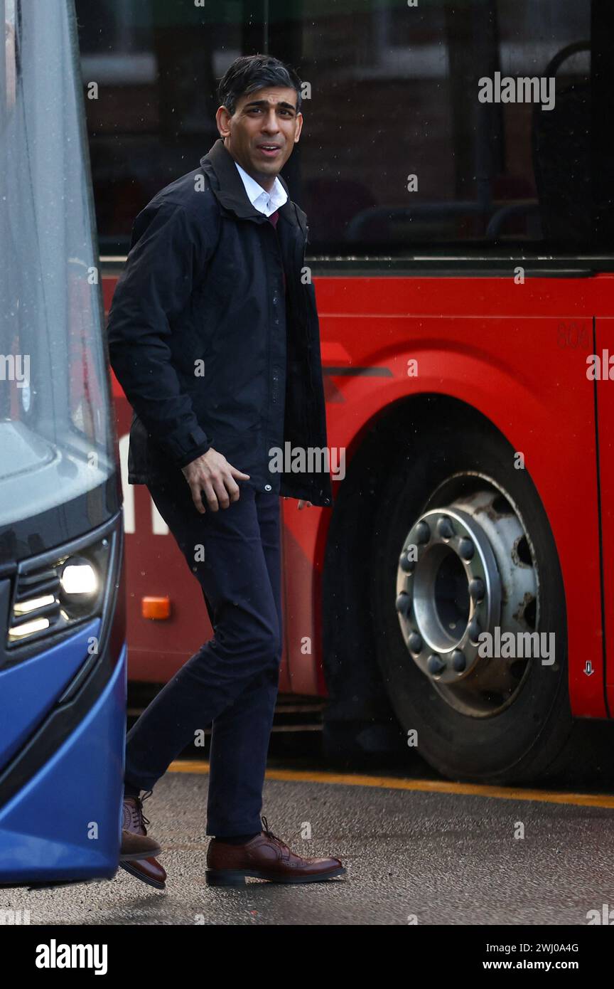 Prime Minister Rishi Sunak during a visit to a bus depot in Harrogate ...