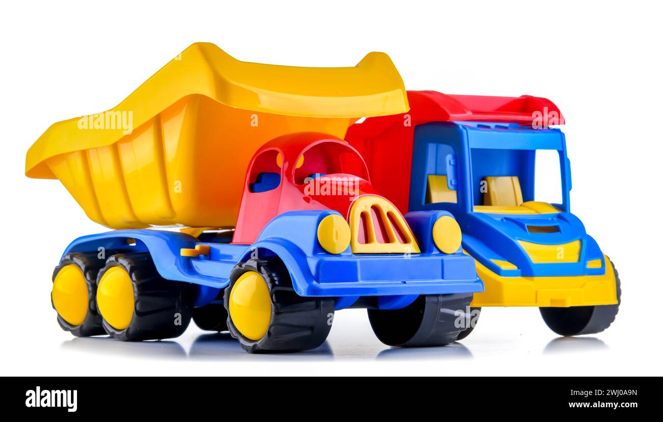 Colorful plastic dump trucks isolated on white background Stock Photo ...