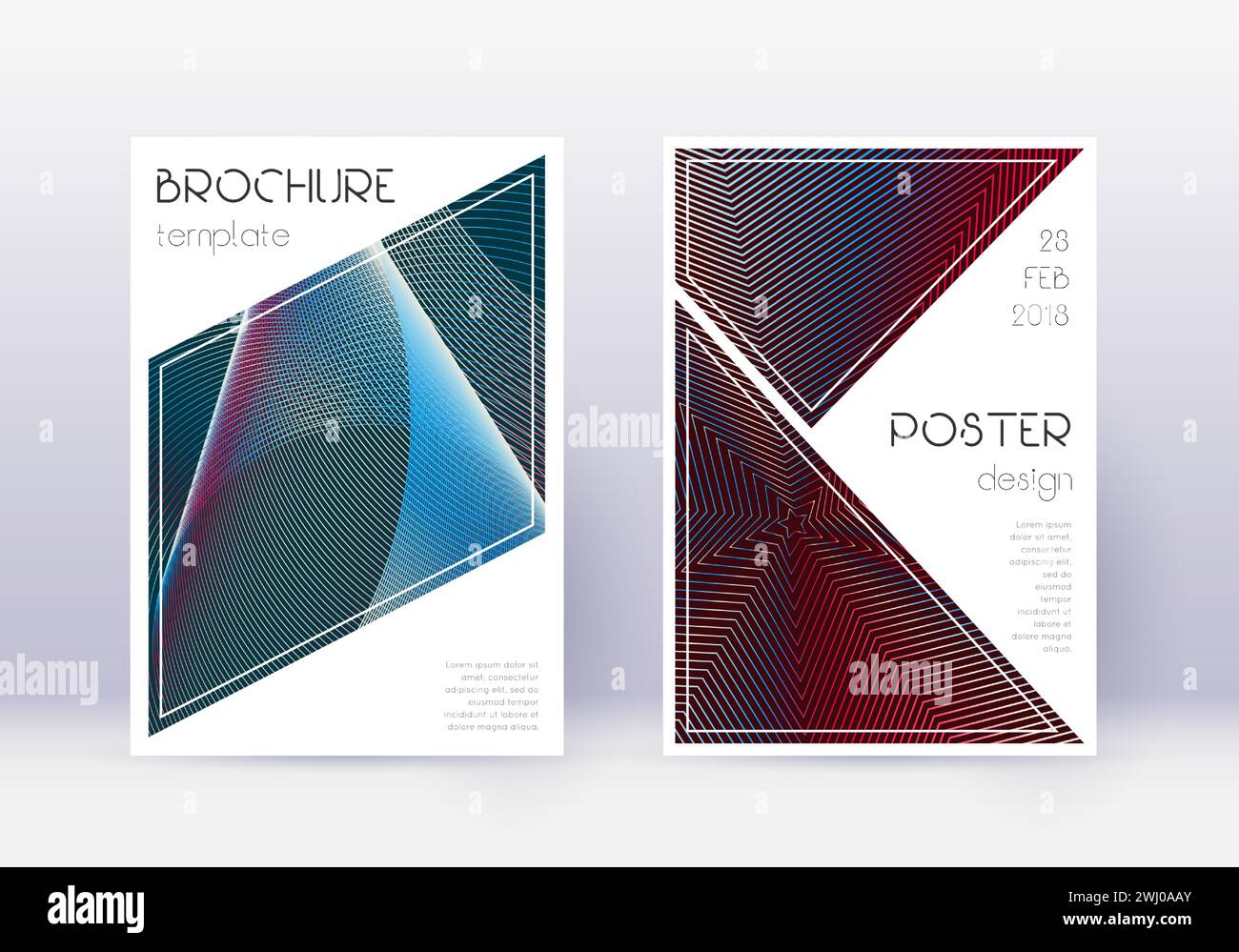 Triangle cover design template set. Red abstract lines on white blue ...