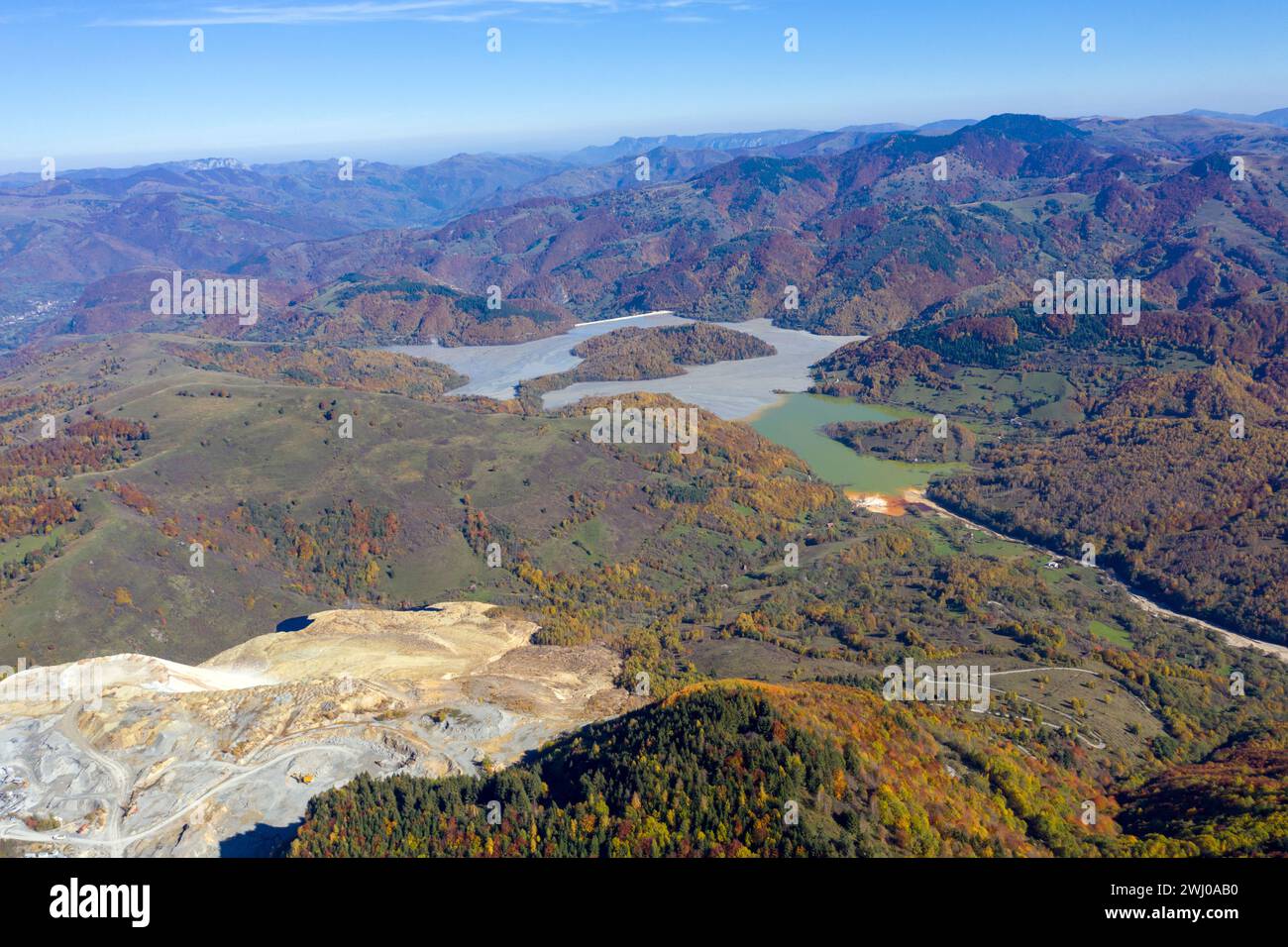 Aerial view of a huge pond, heavy metal copper contamination ...