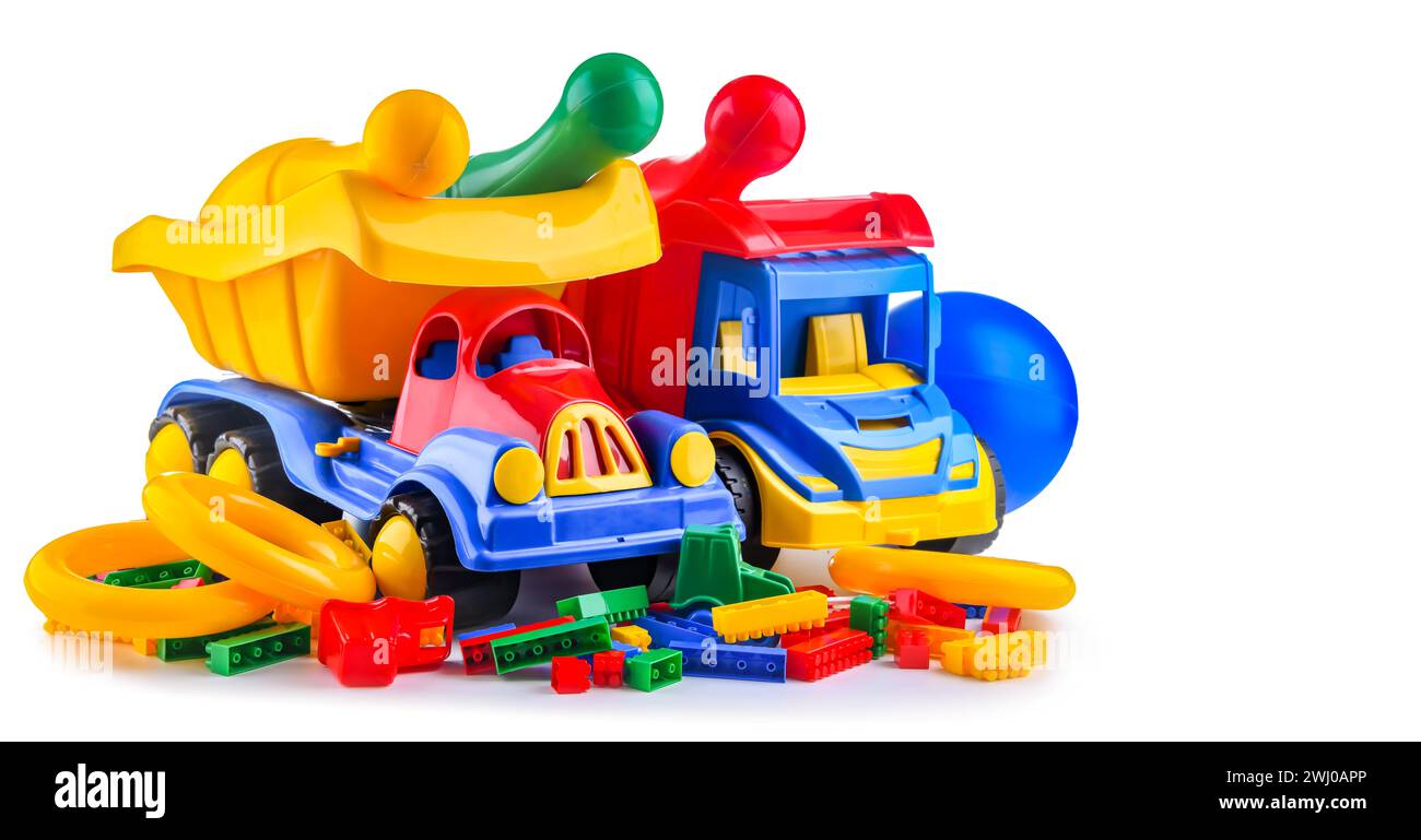 Colorful plastic children toys isolated on white background Stock Photo ...
