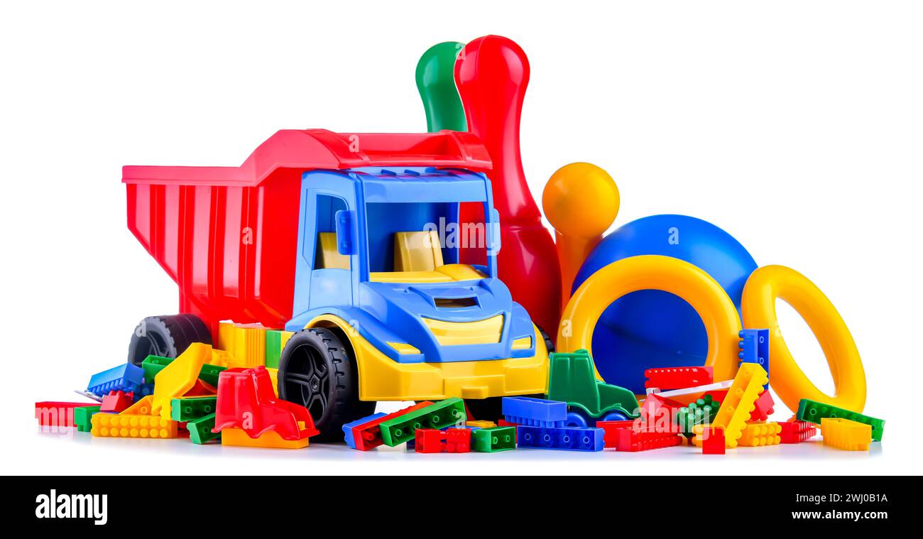Colorful plastic children toys isolated on white background Stock Photo ...