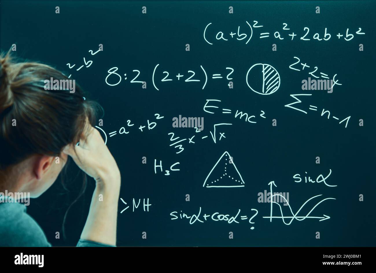 Rear view of a Woman in front of a blackboard to solve mathematics ...