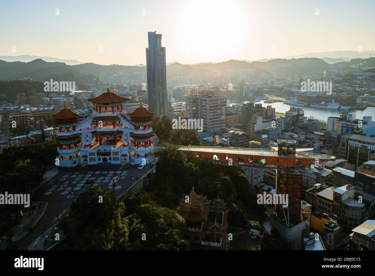aerial view of Zhupu Altar and keelung tower in northern Taiwan at dusk ...