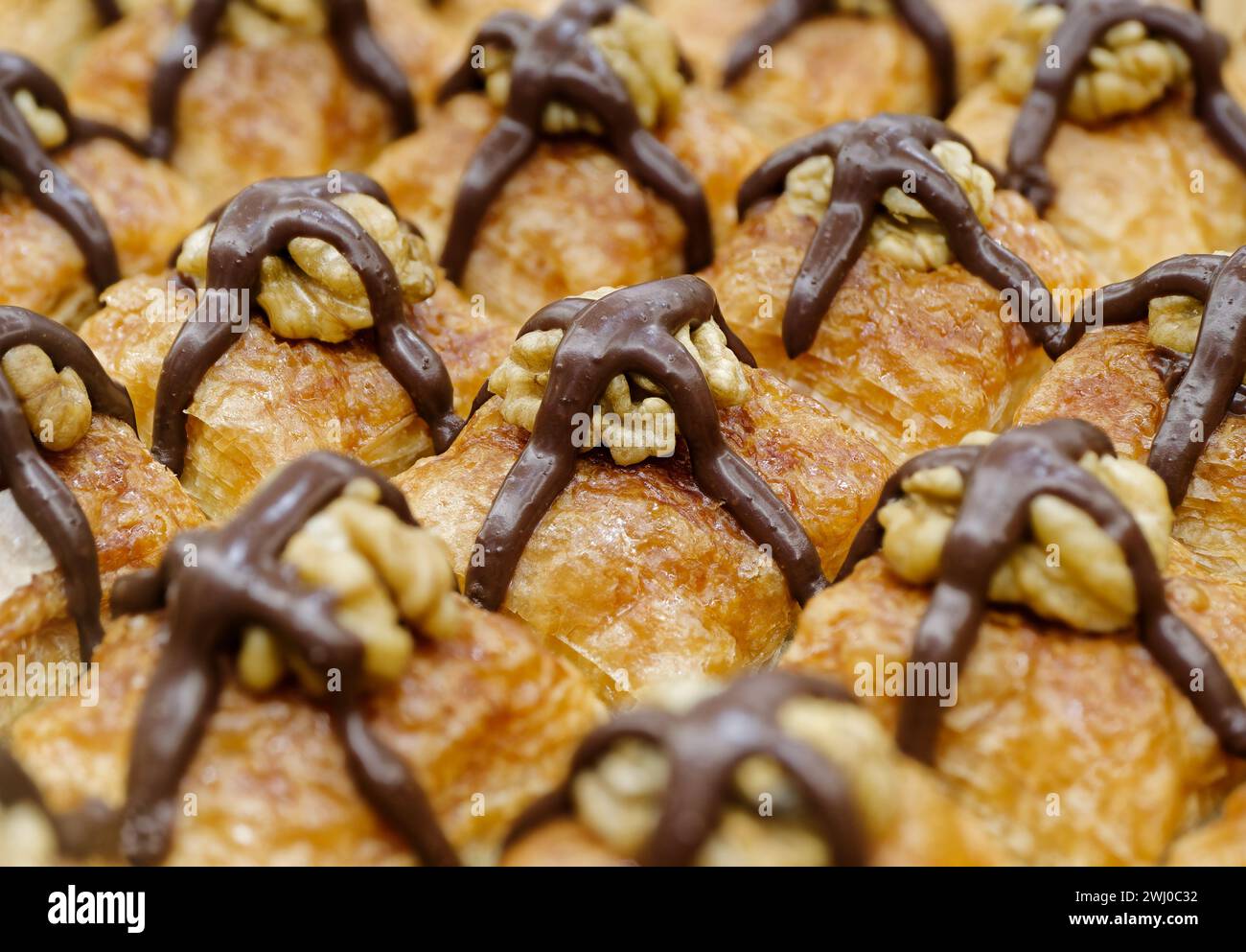 Traditional Turkish dessert, baklava, decorated with walnuts and ...