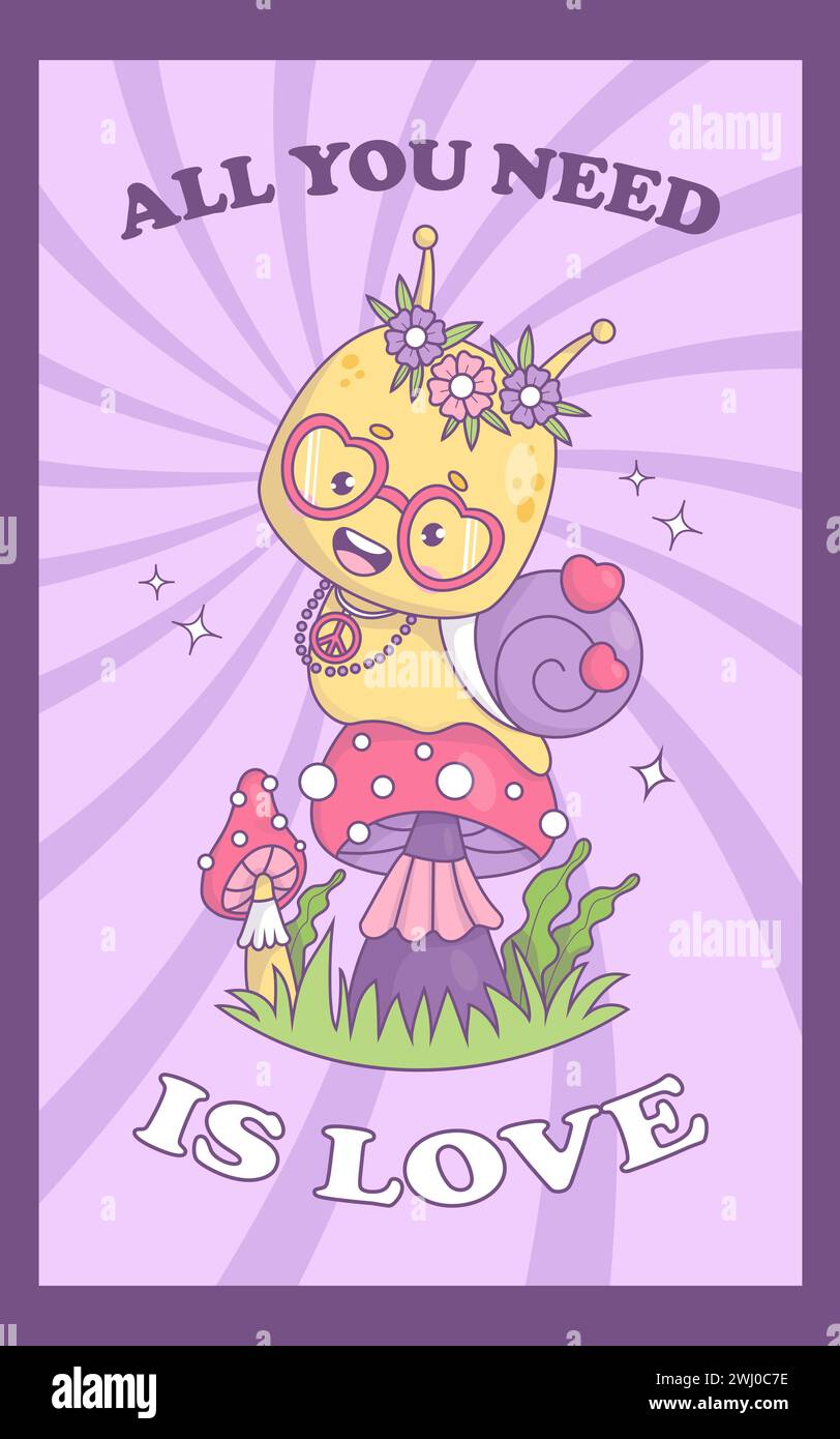 Funny groovy snail hippy character. Comic insect wearing heart glasses ...