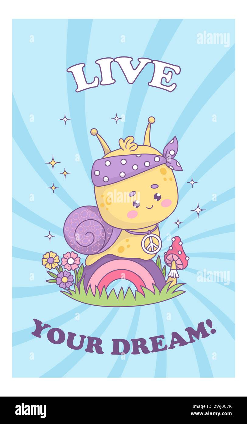Funny groovy snail hippy character. Comic cute insect on rainbow in ...