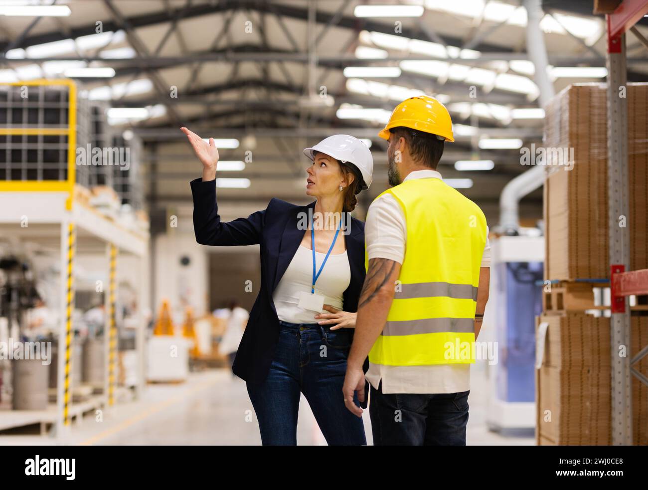 Female manager scolding employee in modern industry factory. Worker ...