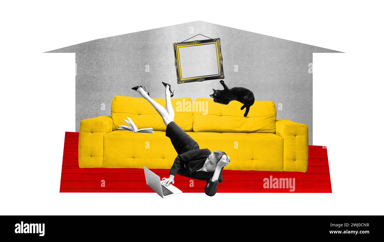 Young woman in formal wear lying on couch with cat and working on ...