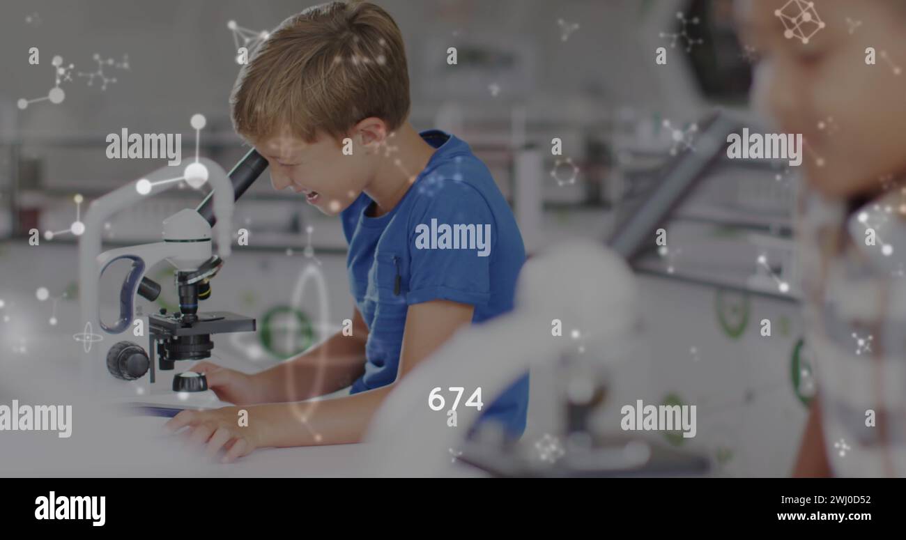 Image of molecular structures over happy caucasian schoolboy using microscope in science class ...