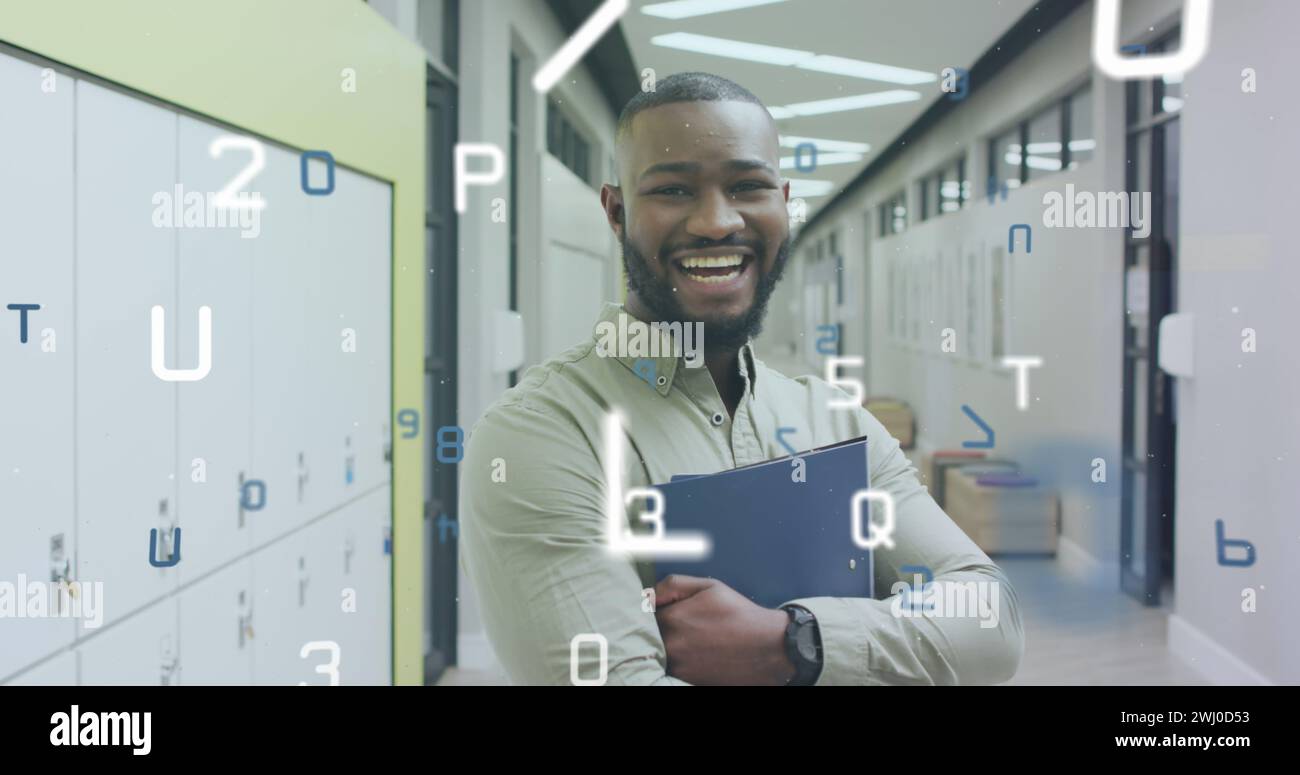 Image of data processing over laughing african american male teacher in ...