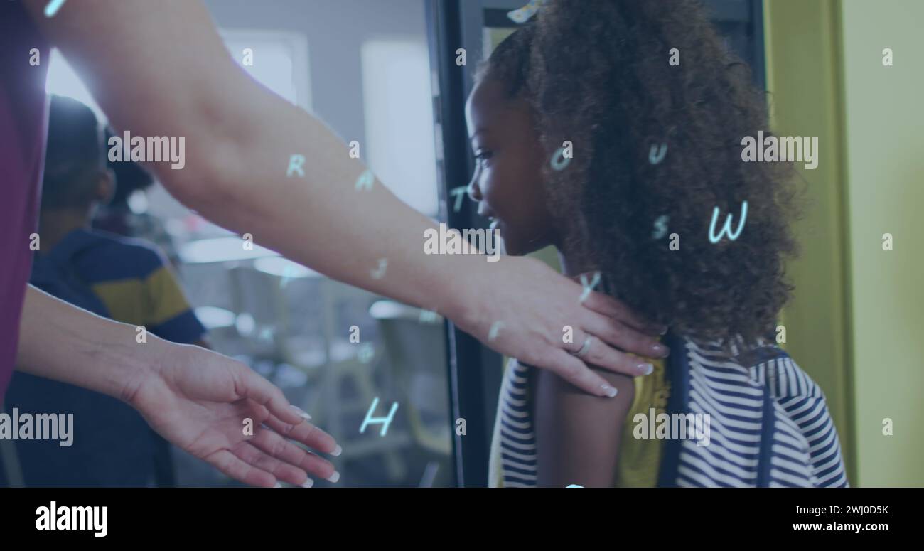 Image of letters over diverse female teacher greeting schoolchildren at ...