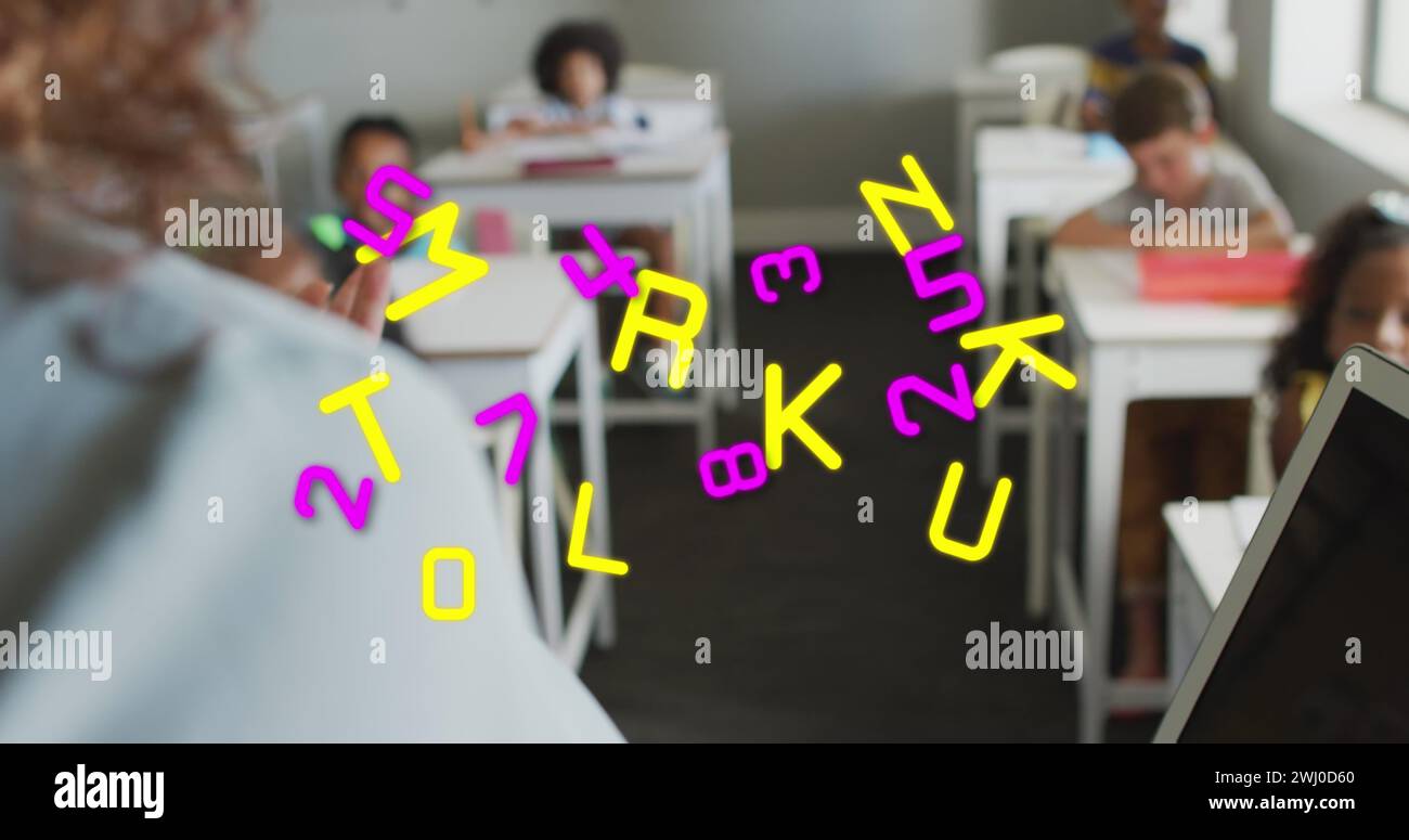 Image of data processing over diverse female addressing pupils at desks ...