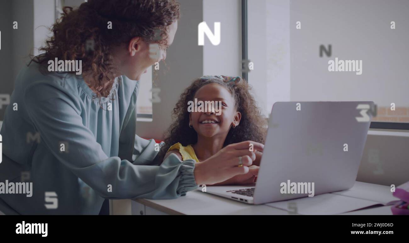 Image of data processing over happy diverse female teacher and ...