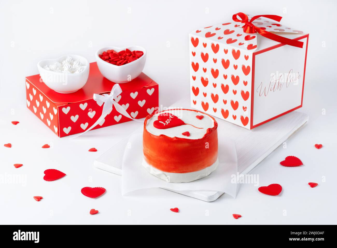 Trendy cake with cute decor on light background. Cake for Valentine's ...