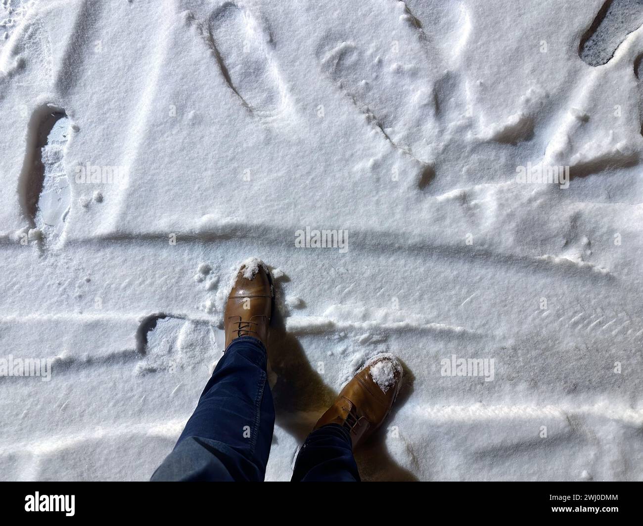 Winter Exploration: A Person's First Steps on Fresh Snow-Covered Ground ...