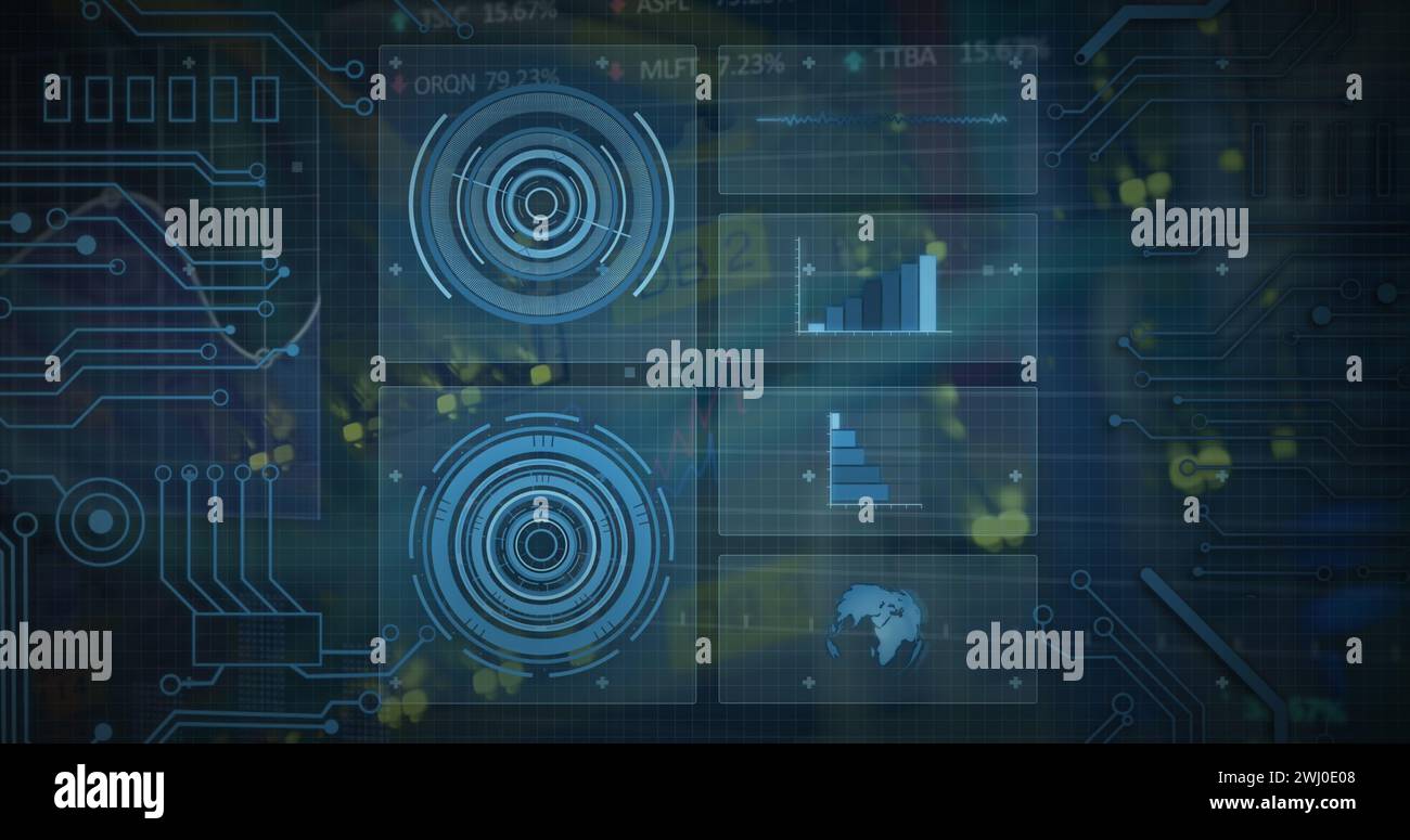 Digital interface with data processing over close up of computer server ...