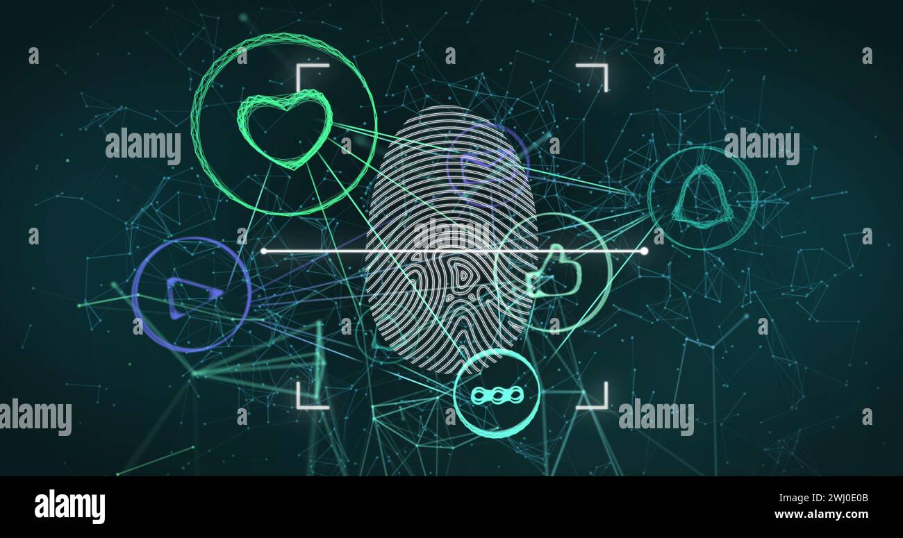 Network of digital icons over biometric fingerprint scanner against ...