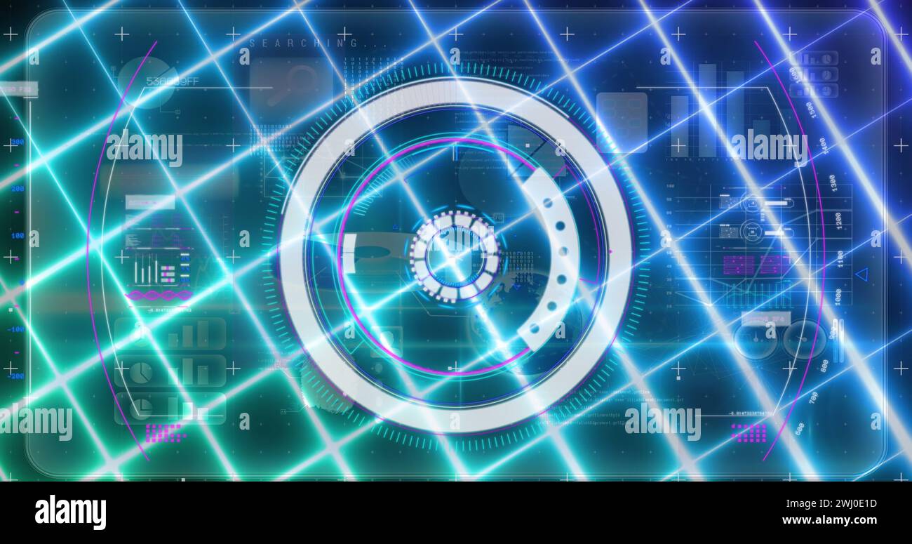 Image of scope scanning and data processing with glowing grid on blue ...