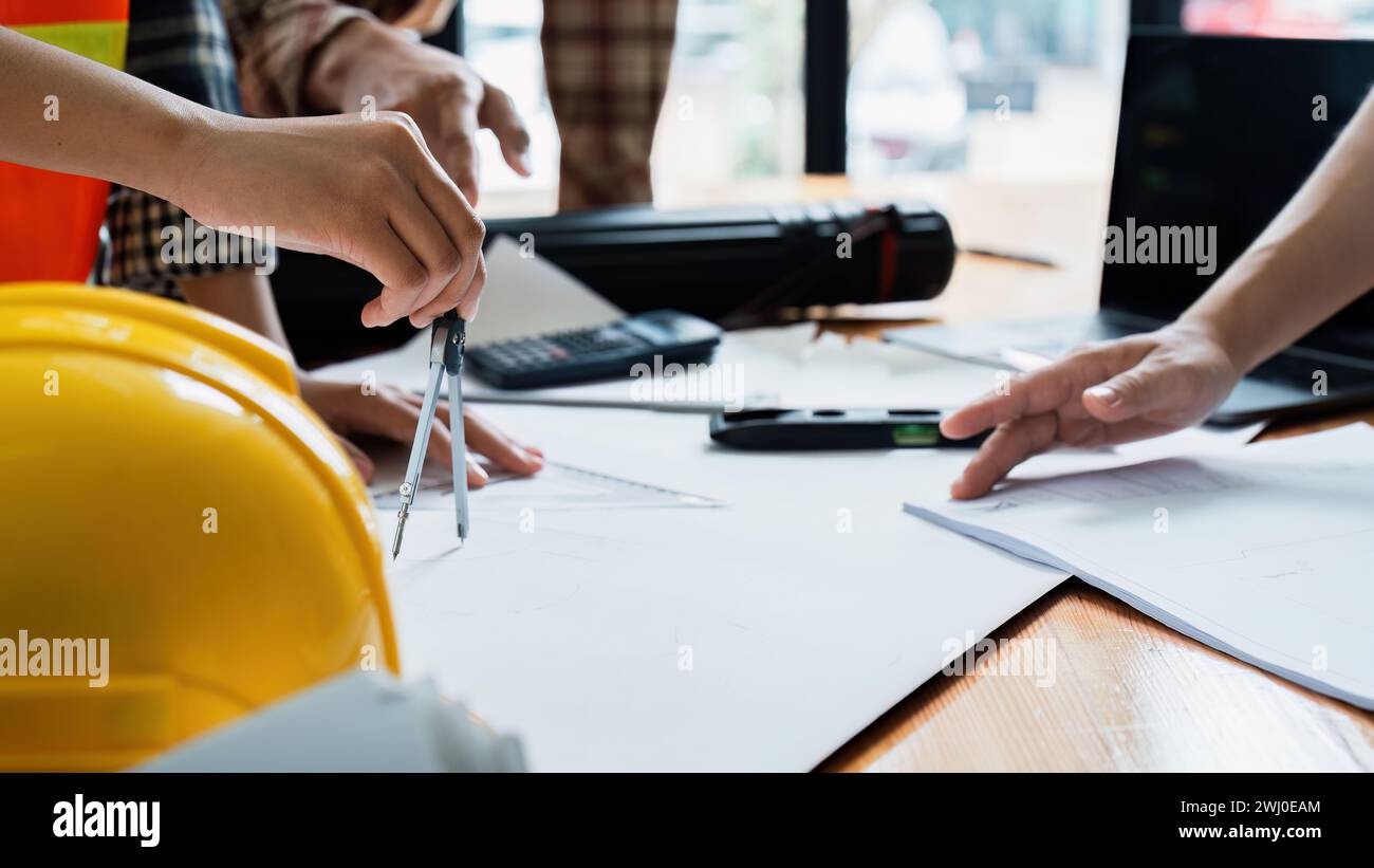 team engineer, foreman, architect meeting for colleagues discussing and checks construction ...