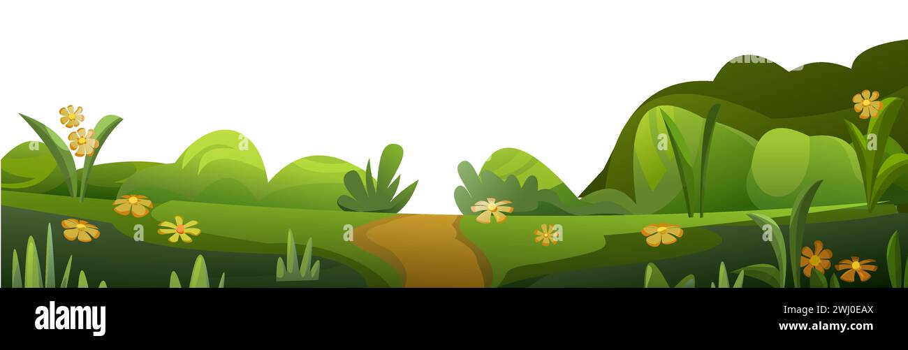 Summer meadow and path. Scenery Landscape. Fun cartoon style. Vector ...