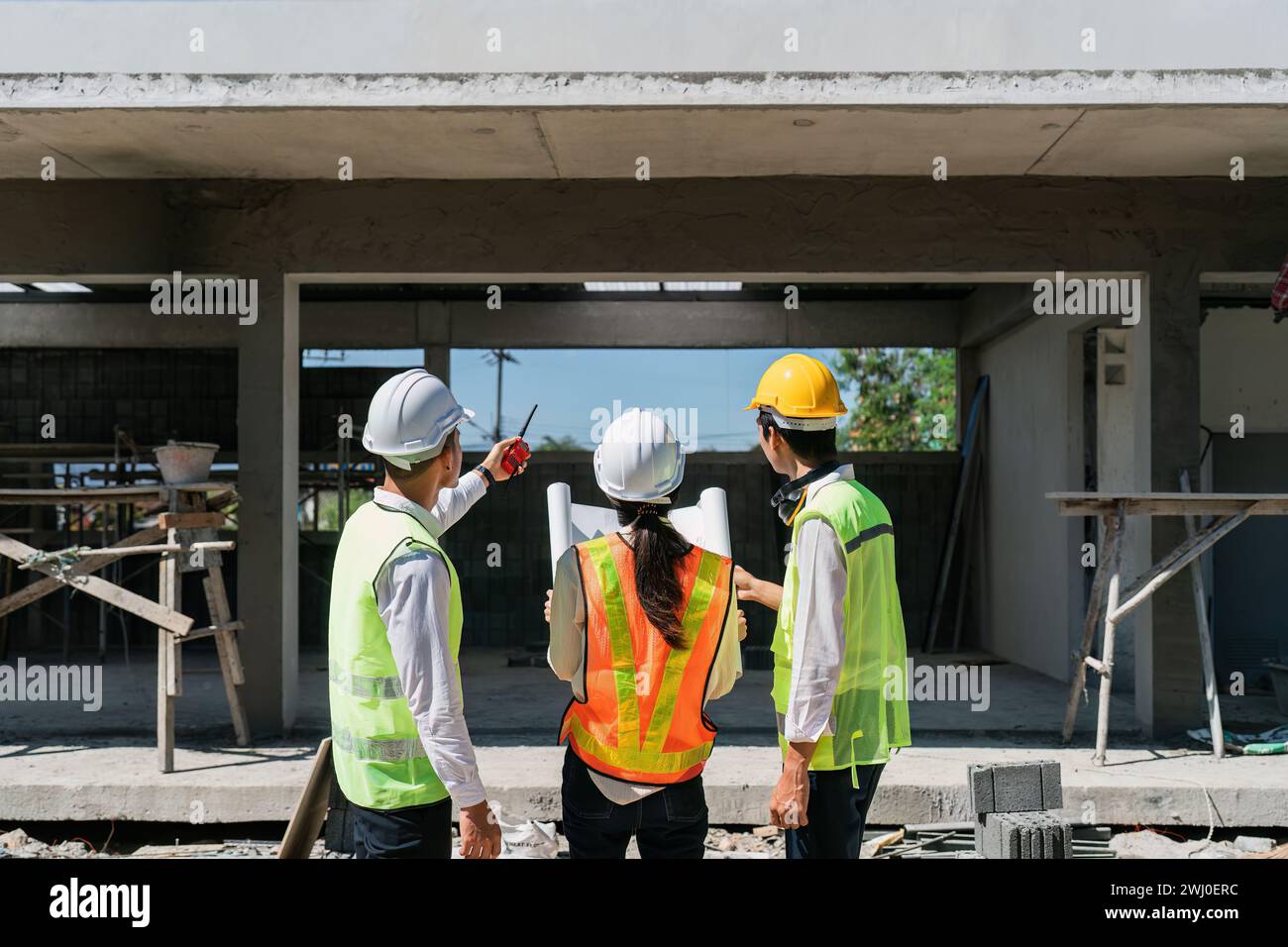 team engineer, foreman, architect meeting for colleagues discussing and checks construction ...