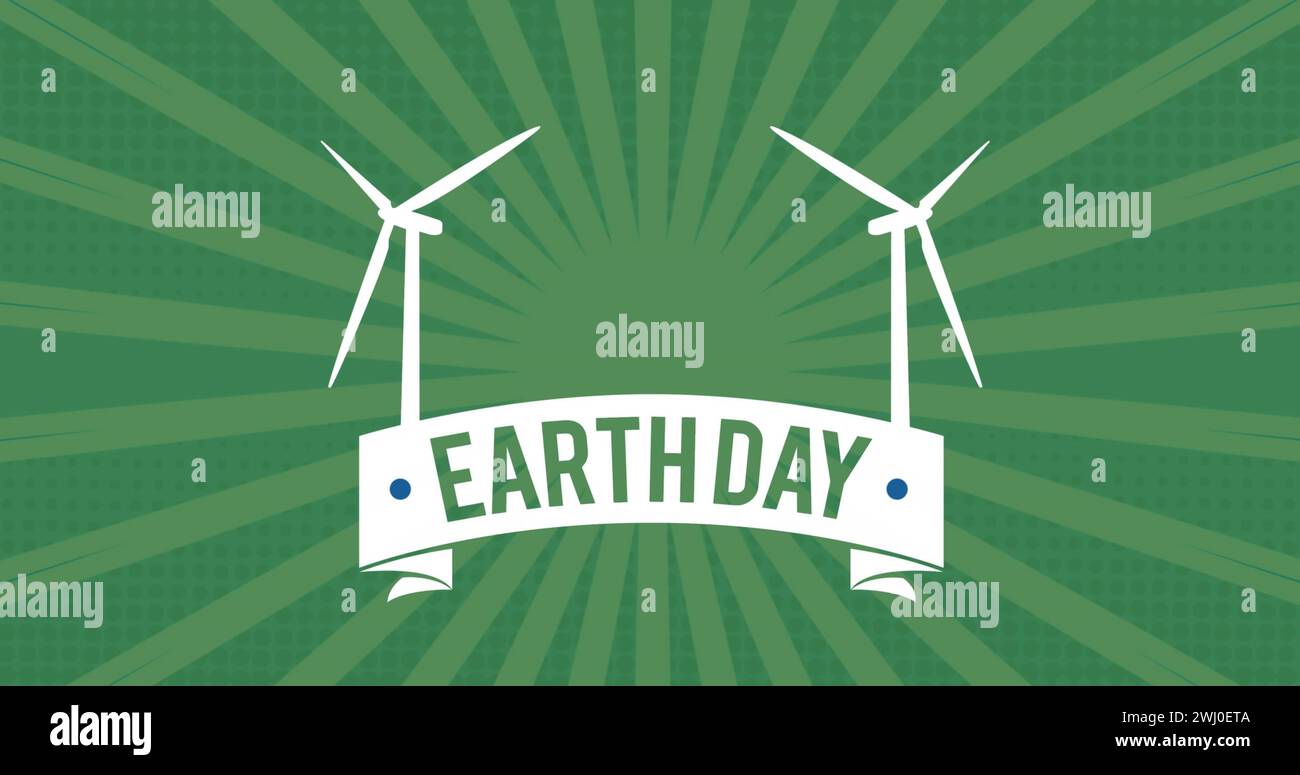 Image of earth day and wind turbines on moving green background Stock ...