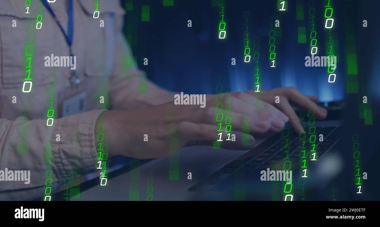 Image of data processing over caucasian female worker in server room ...