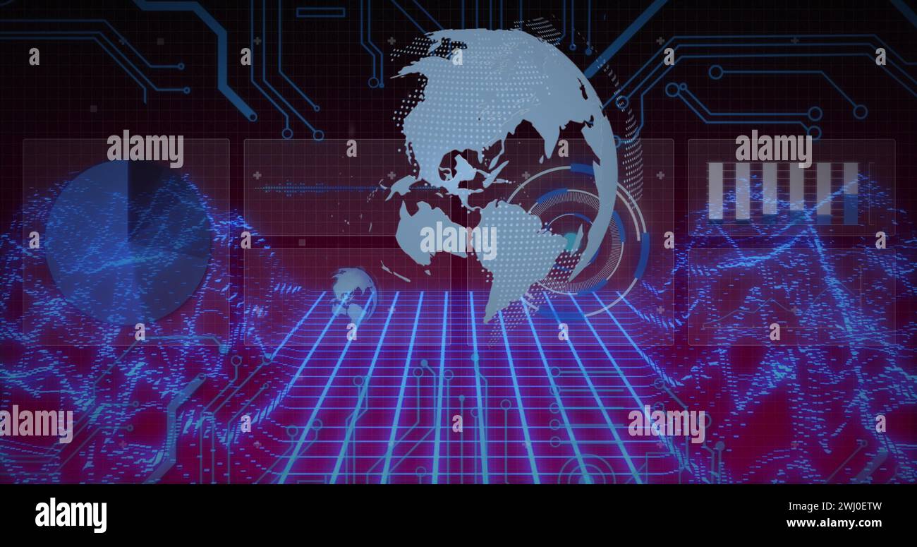 Image of scope scanning, globe spinning and data processing Stock Photo - Alamy