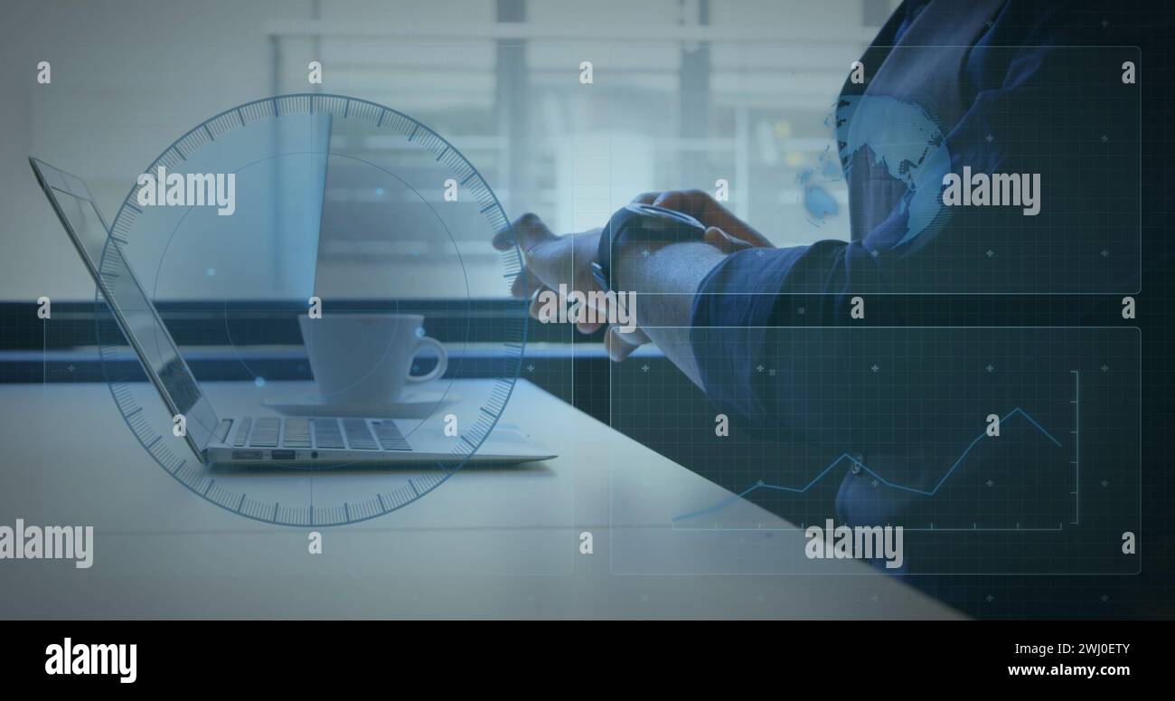 Image of scope scanning, globe spinning on screen over woman using ...