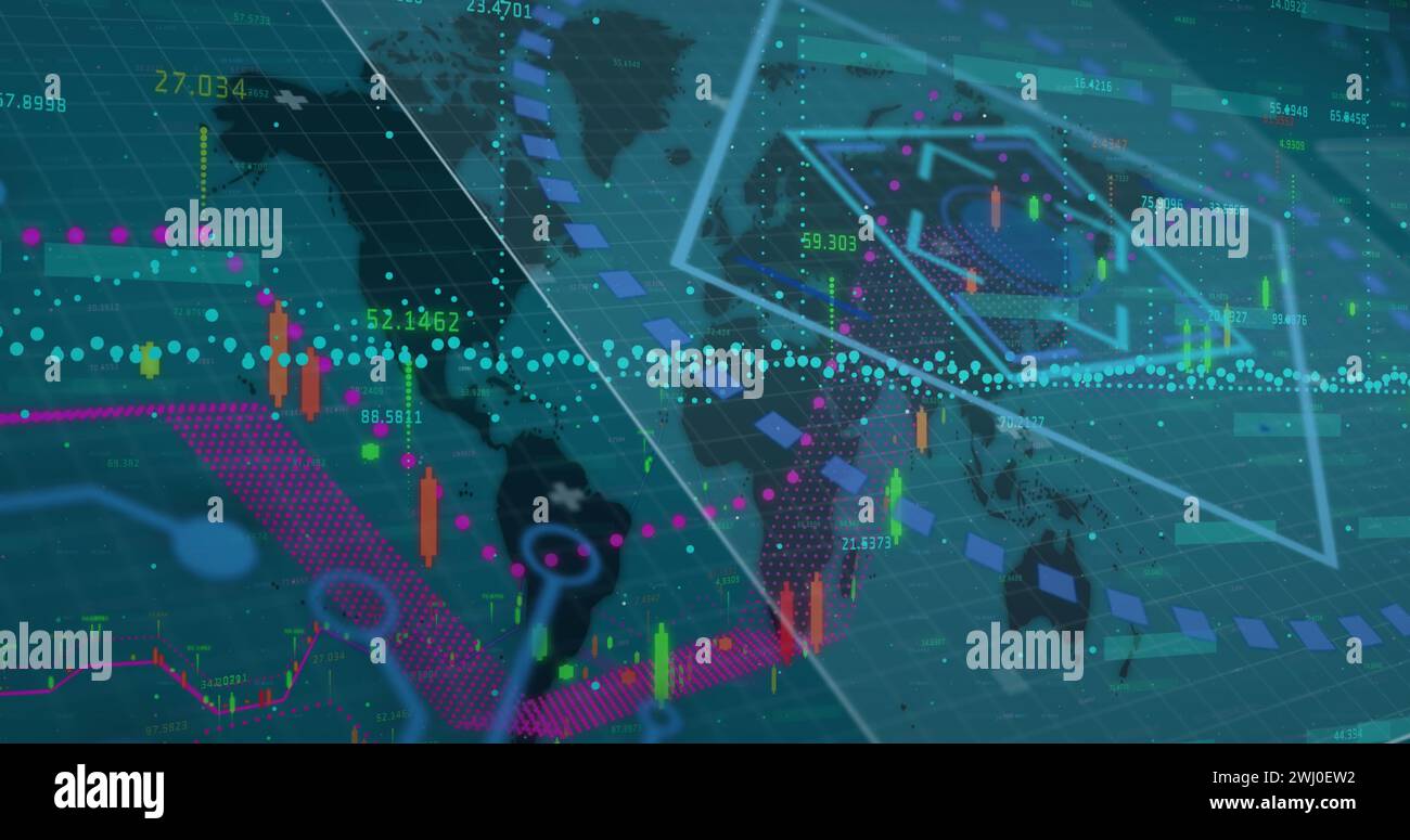 Image of scope scanning and data processing over world map Stock Photo - Alamy