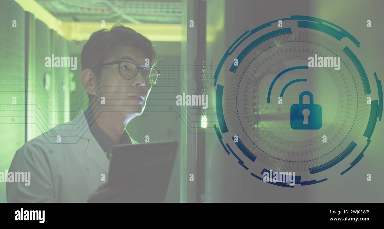Image of data processing over asian male worker in server room Stock ...