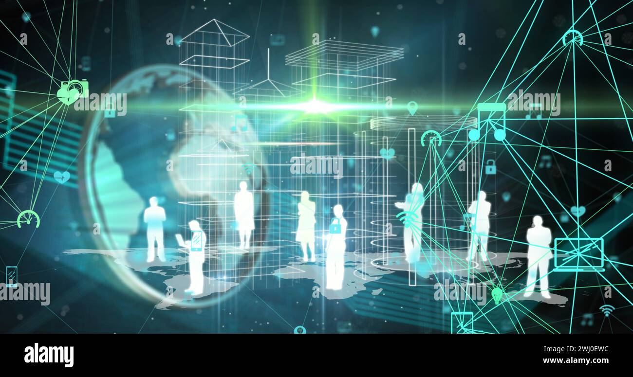 Image of network of connections with icons over globe and people's ...