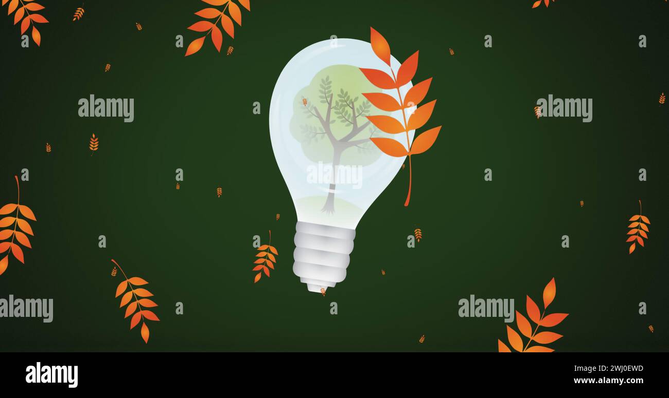 Image of leaves floating over bulb with tree on green background Stock ...