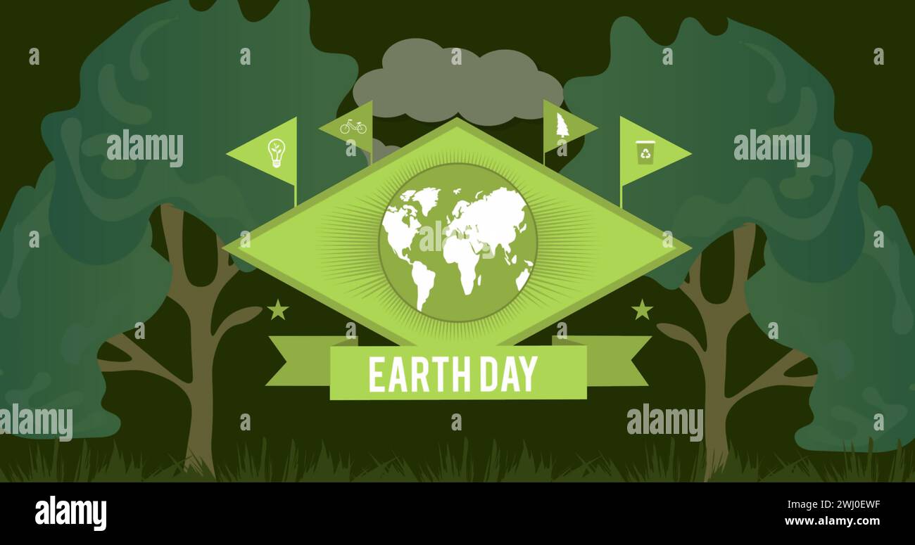Image of globe and earth day with flags over trees on dark green ...