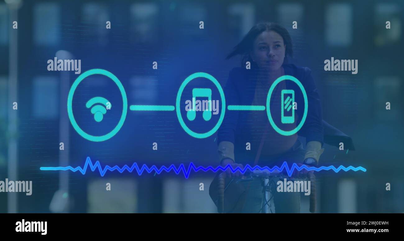 Image of three digital icons and data processing over woman riding bike in city Stock Photo - Alamy