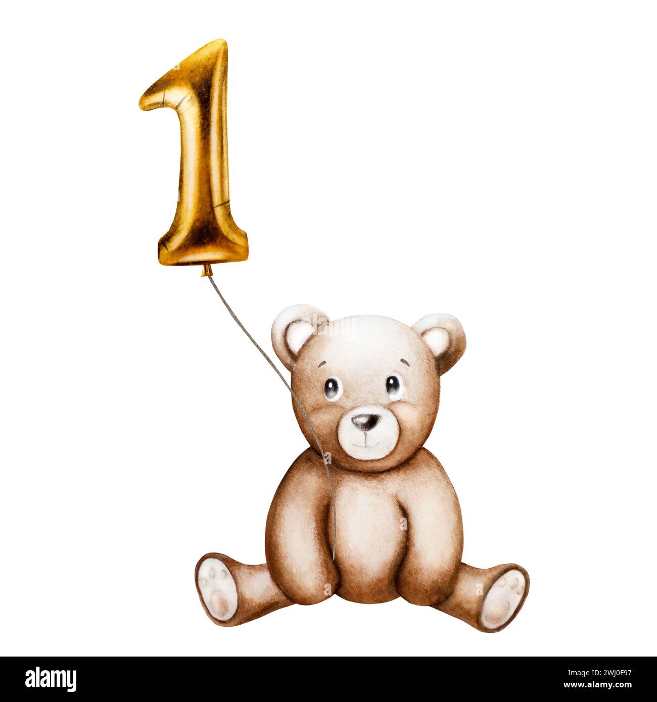 Watercolor cute cartoon teddy bear with golden foil balloon number 1 on ...