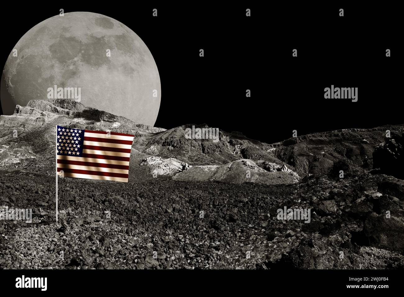 Desert space landscape, Moon and American flag Stock Photo - Alamy