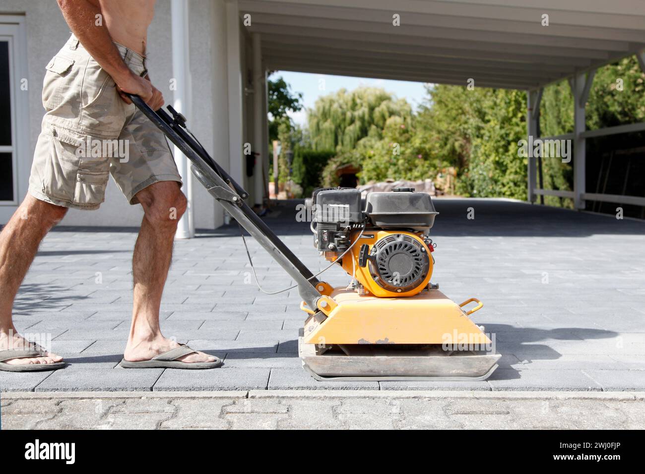 Male Worker using vibratory plate compactor to firm soil at worksite ...