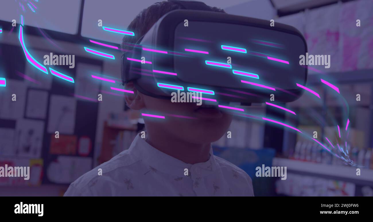 Image of glowing light trails of data transfer over biracial boy in vr ...