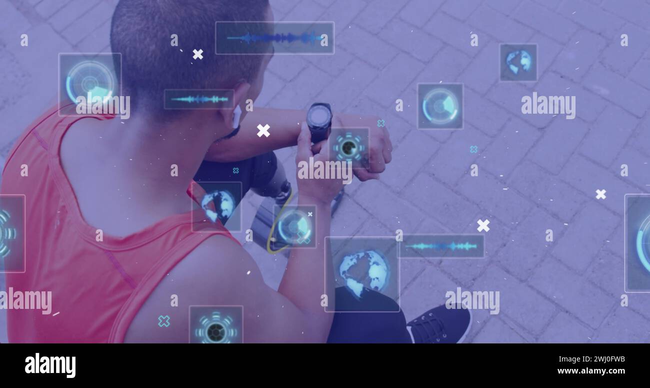 Image of interface icons processing data over male athlete with ...