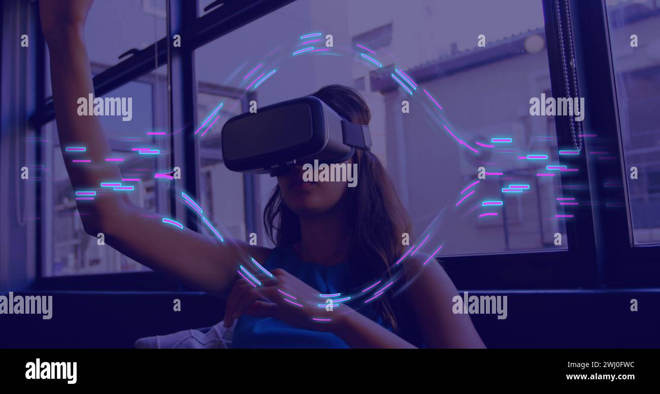 Image of glowing light trails of data transfer over biracial woman in ...