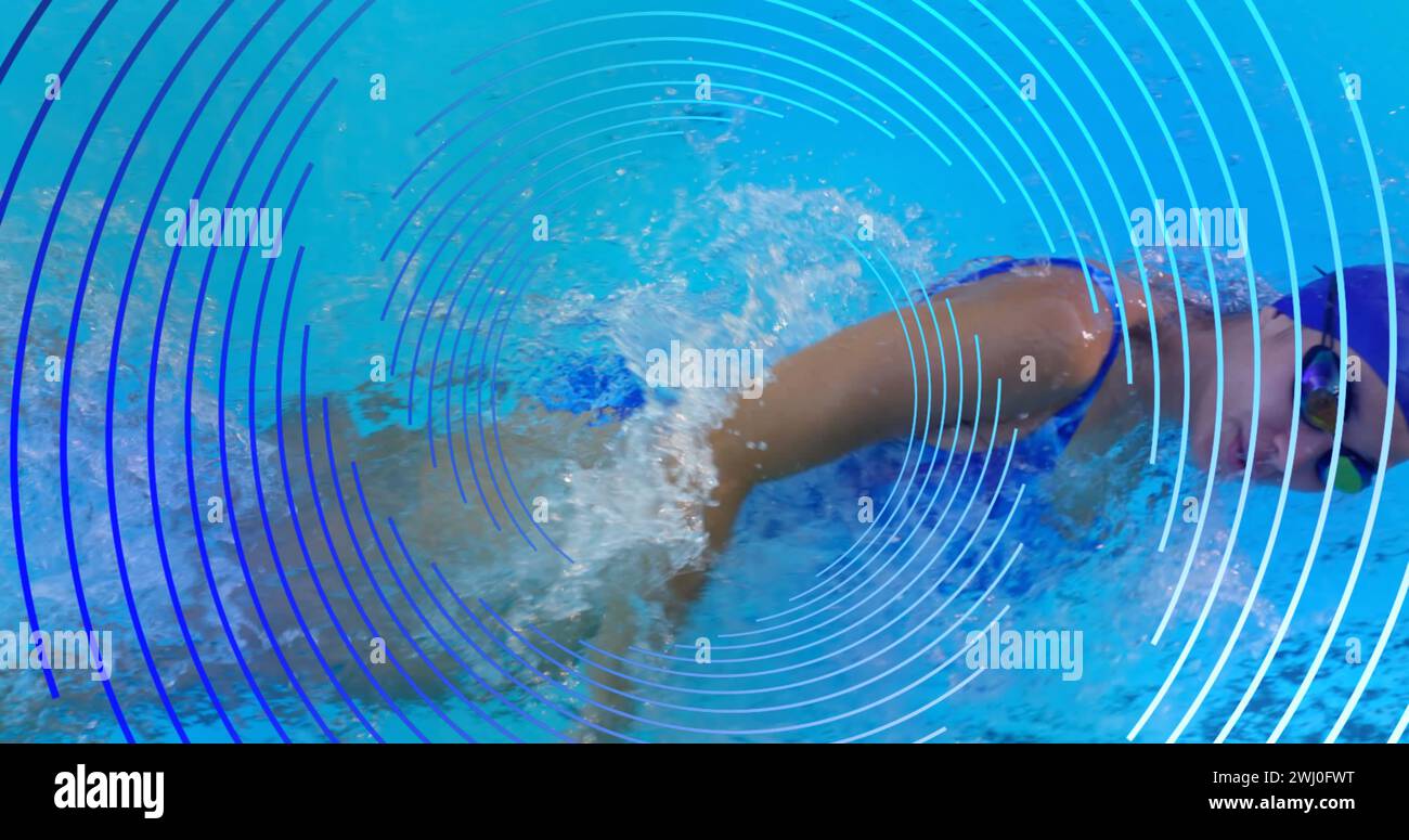 Image of blue line spiral rotating over woman swimming in pool Stock ...