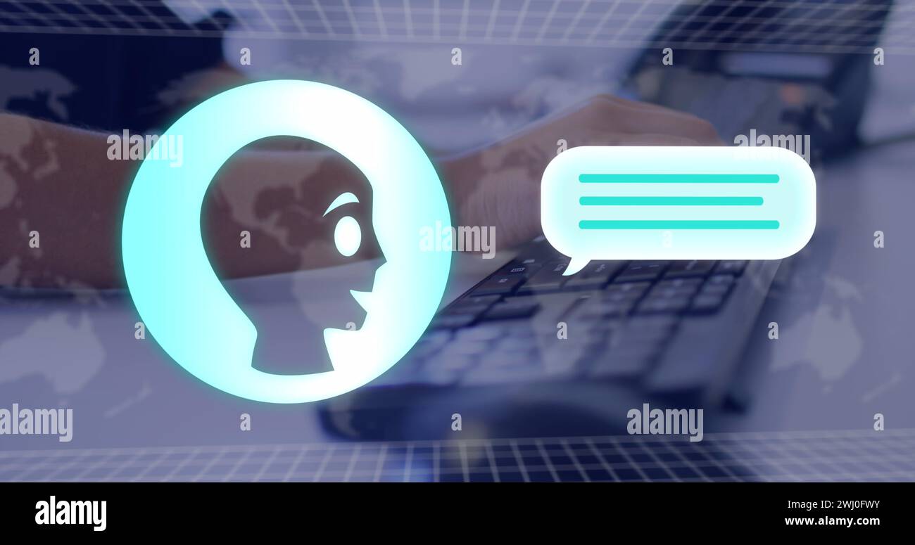 Image of ai text, icons and data processing over biracial woman using computer Stock Photo - Alamy