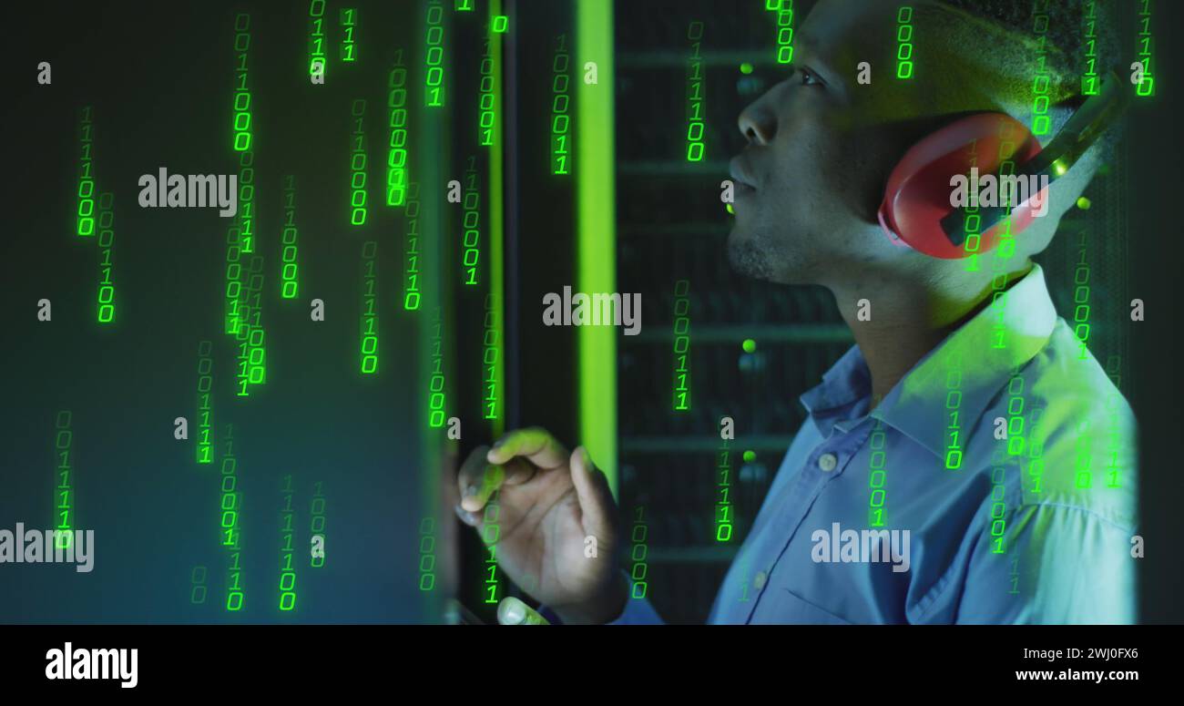 Image of binary coding over african american male it engineer and computer servers Stock Photo ...