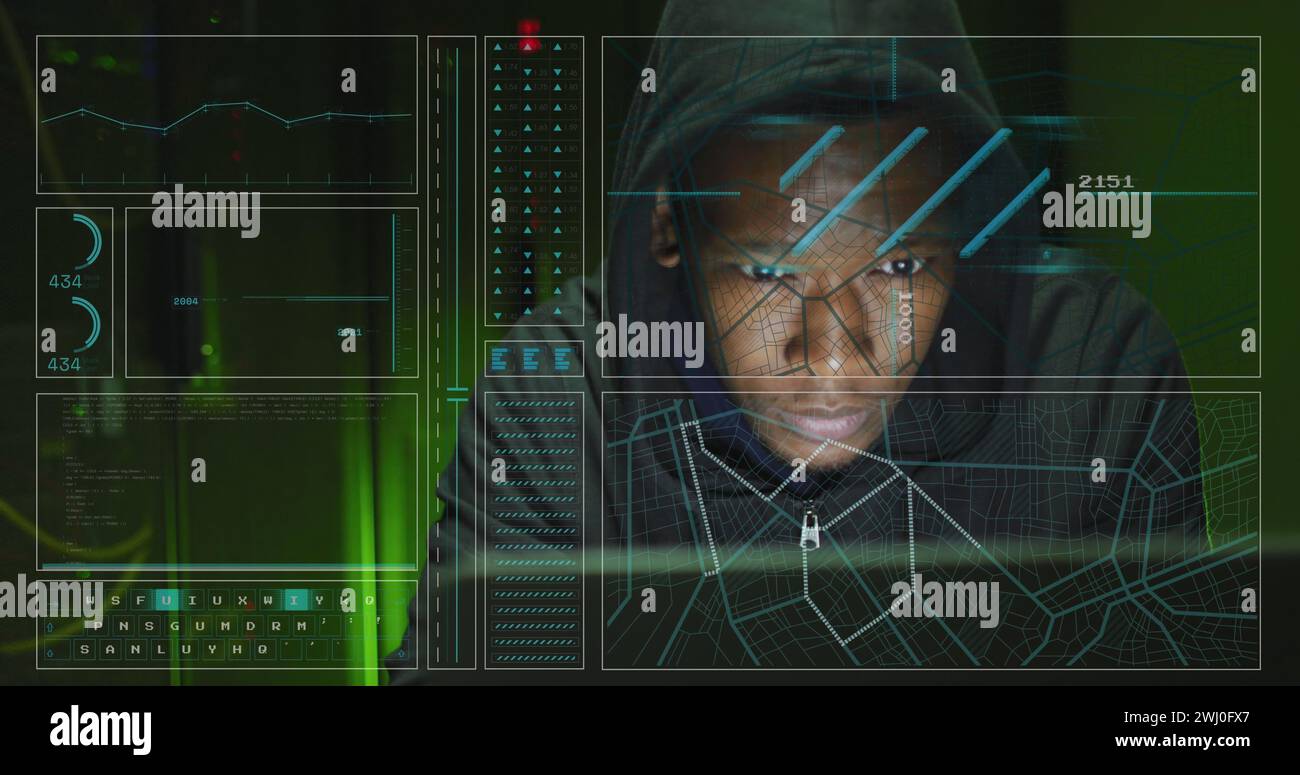 Image of data processing over african american male hacker with computer and computer servers ...