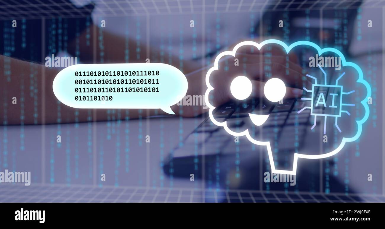 Image of ai text, icons and data processing over biracial woman using computer Stock Photo - Alamy