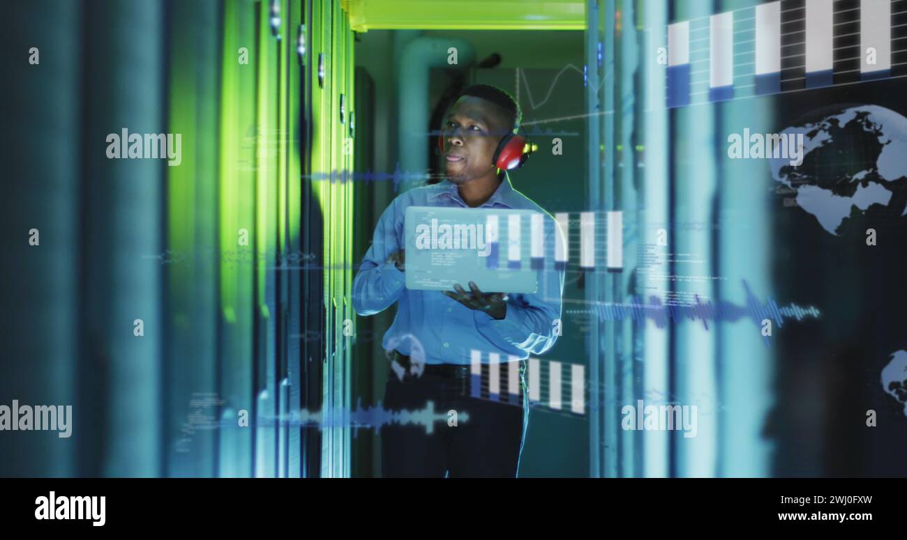 Image of data processing over african american male it engineer and ...