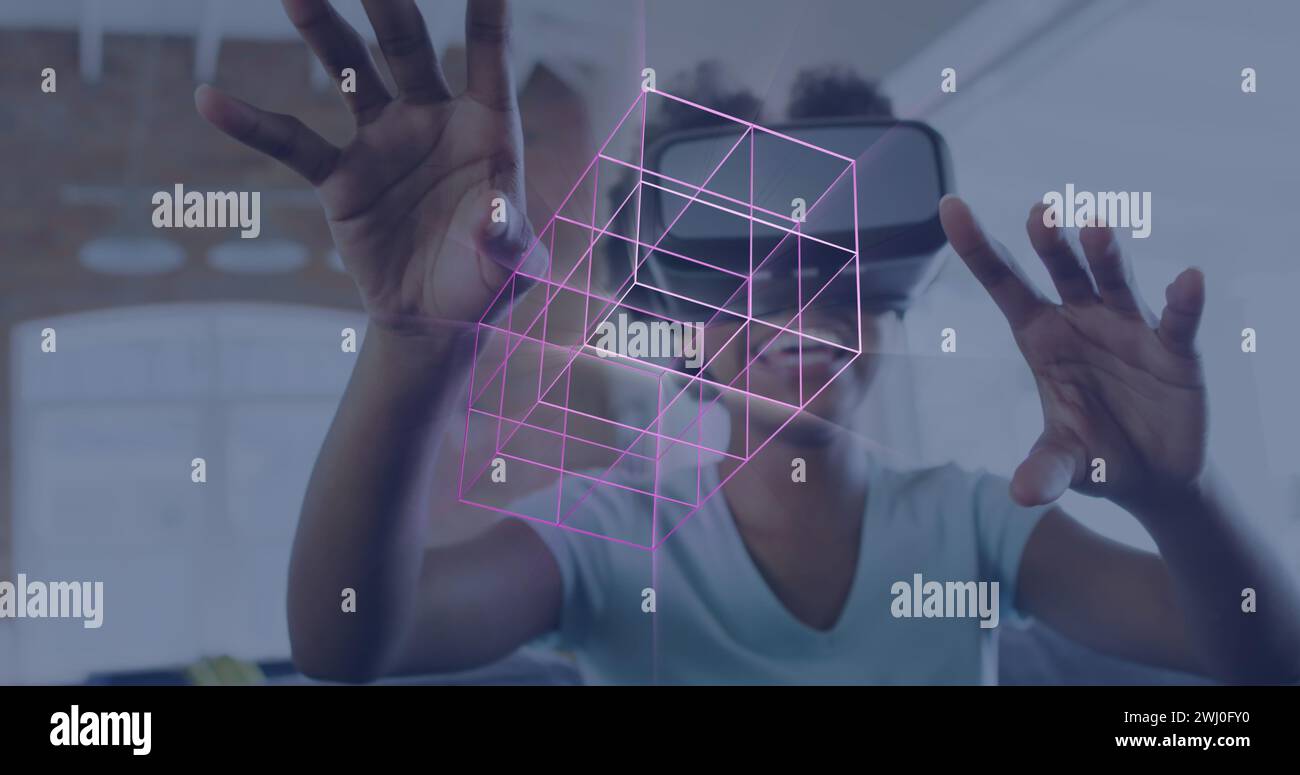 Image of glowing 3d shapes of data transfer over african american woman ...